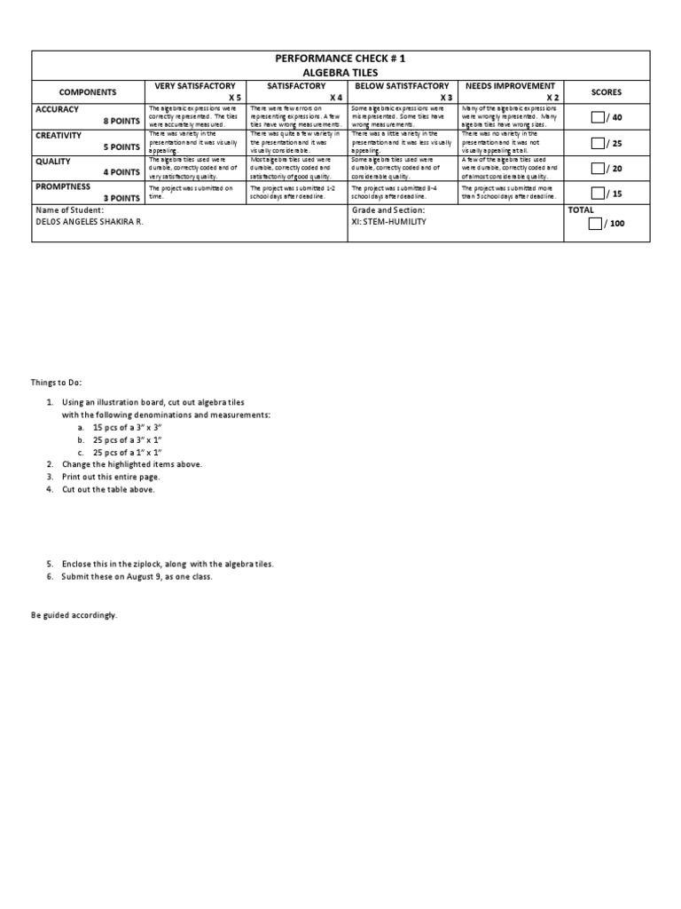 Rubric For Algebra Tiles | PDF | Science | Teaching Mathematics