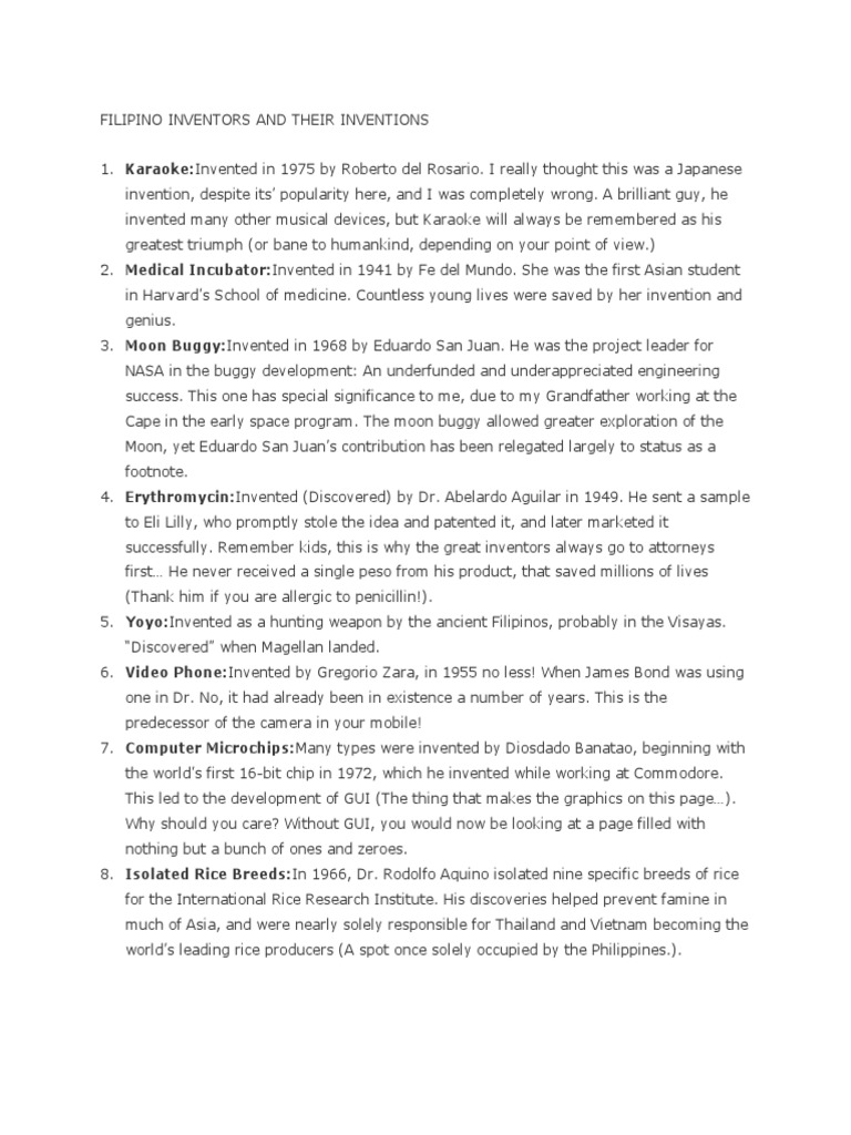 Filipino Inventors and Their Inventions | PDF | Gasoline | Diesel Engine