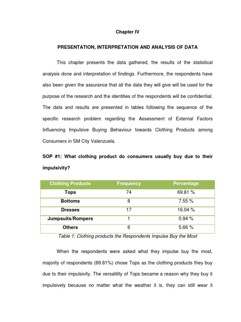 Clothing Products Frequency Percentage: Table 1: Clothing Products The ...