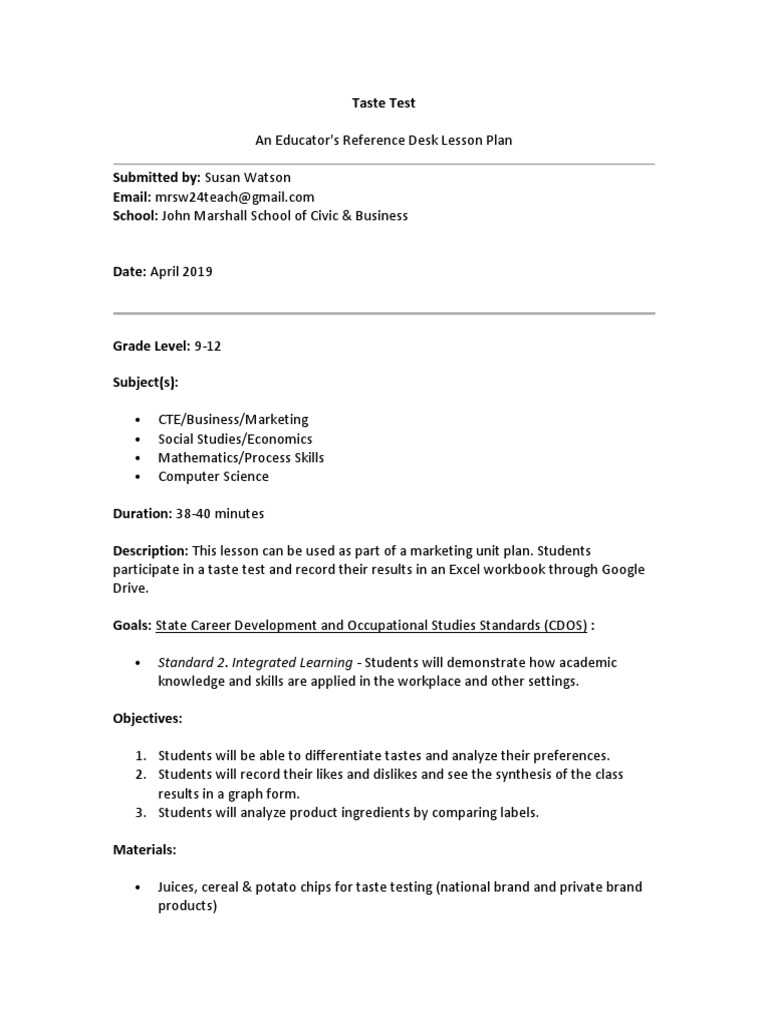 Marketing Lesson Plan For Branding Taste Test | PDF | Brand | Worksheet