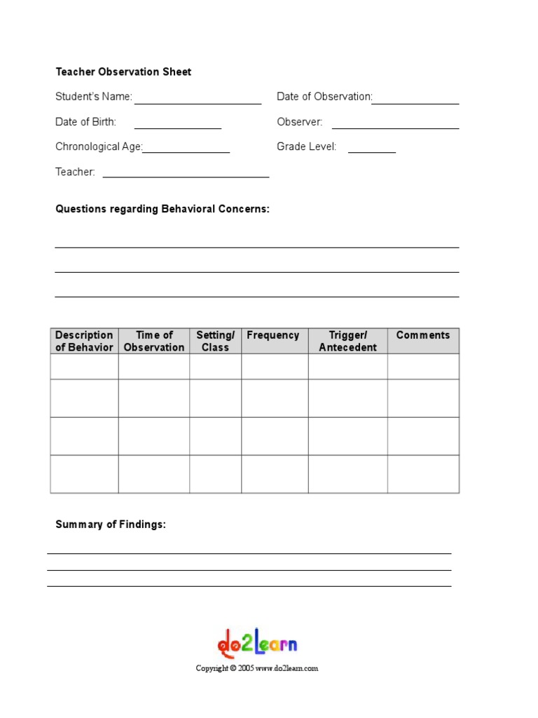 Teacher Observation Sheet | PDF | Wellness