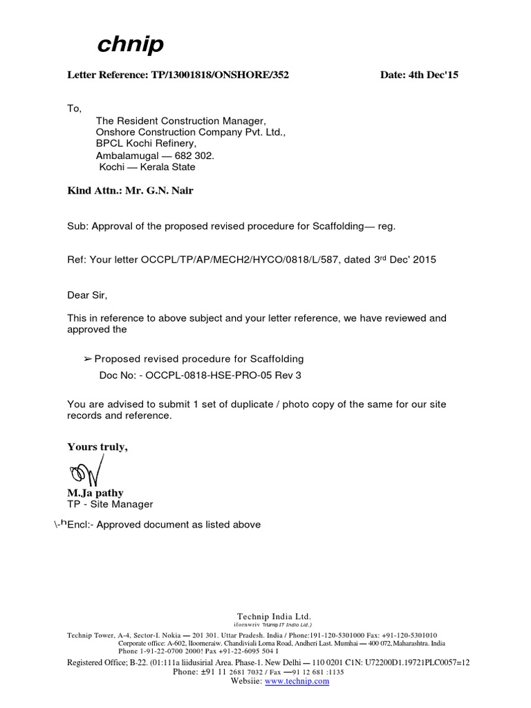 Chnip: Letter Reference: TP/13001818/ONSHORE/352 Date: 4th Dec'15 | PDF ...