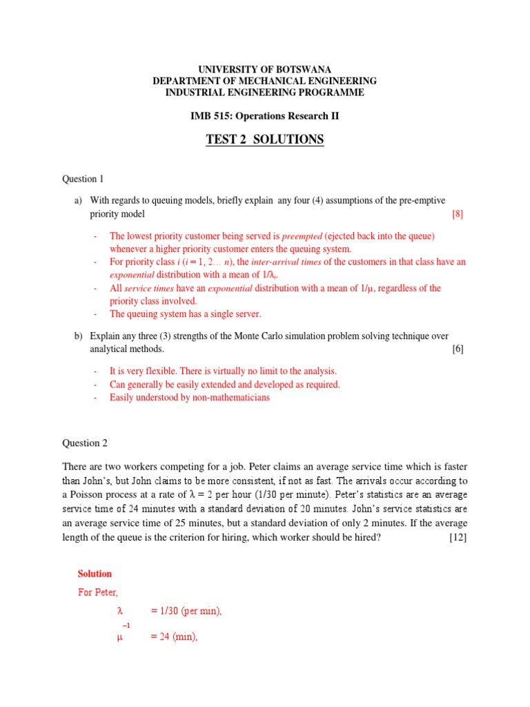 Test 2 Solutions: IMB 515: Operations Research II | PDF | Statistical ...