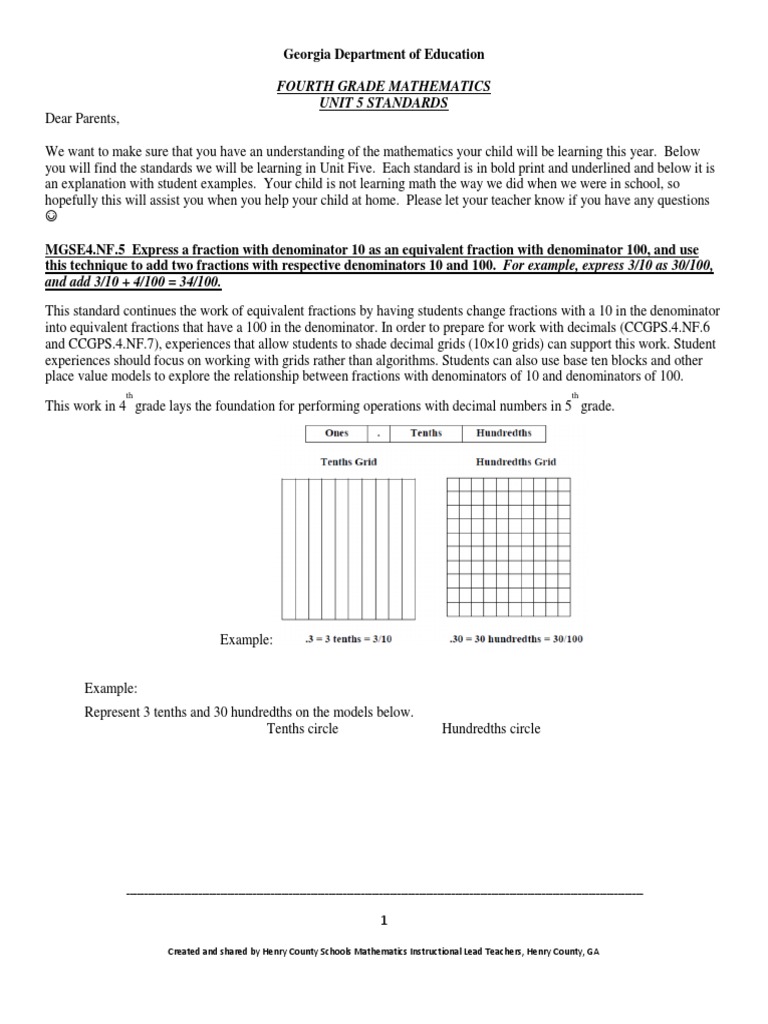 Fourth Grade Mathematics Unit 5 Standards: TH TH | PDF | Fraction ...
