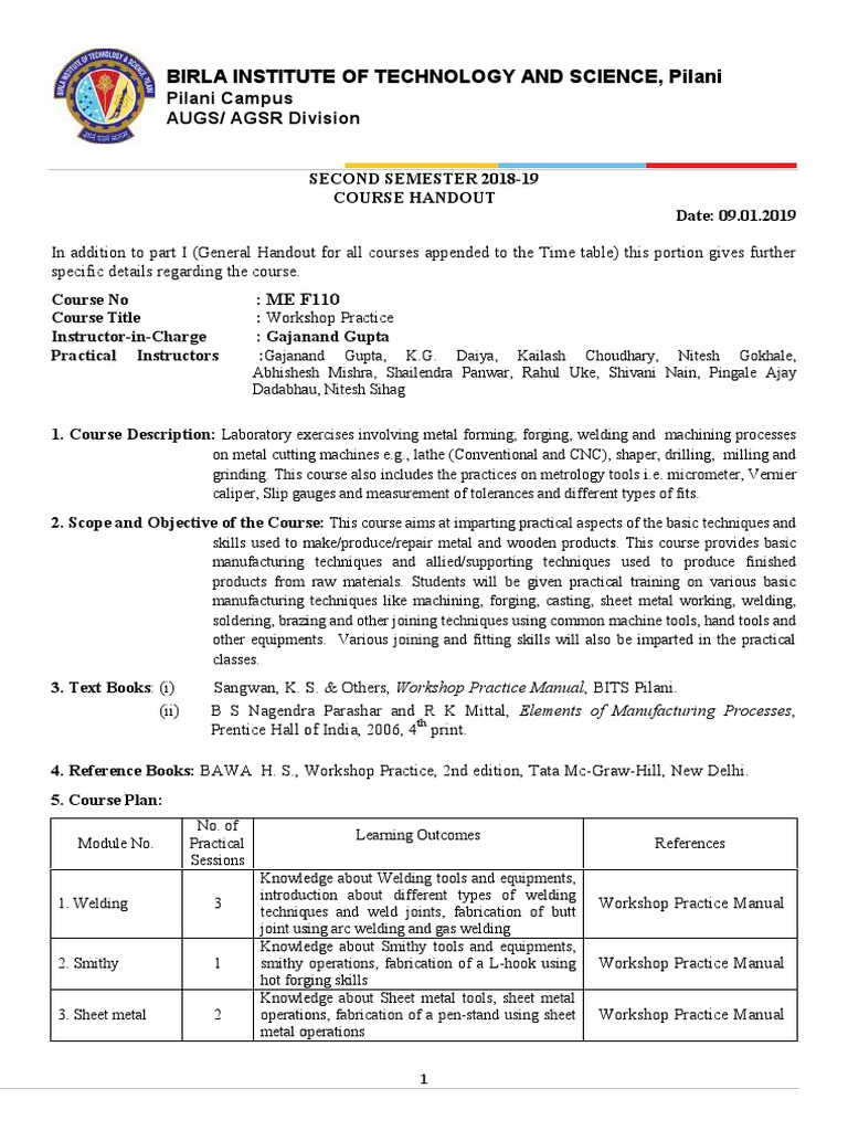Workshop Practice Course Handout: An Overview of the Practical Training ...