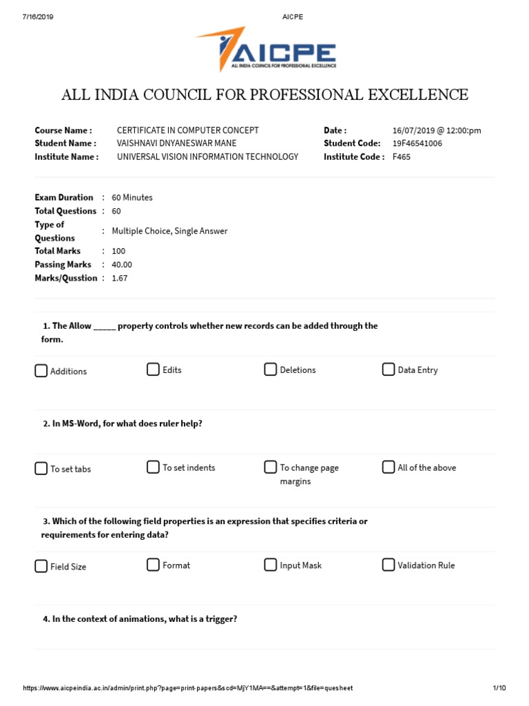 AICPE Certificate in Computer Concepts Exam | PDF | Microsoft Excel | Page Layout