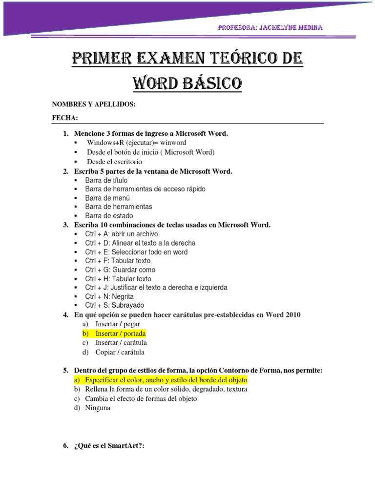 Primer Examen Teórico de Word Básico | PDF | Ventana (informática ...