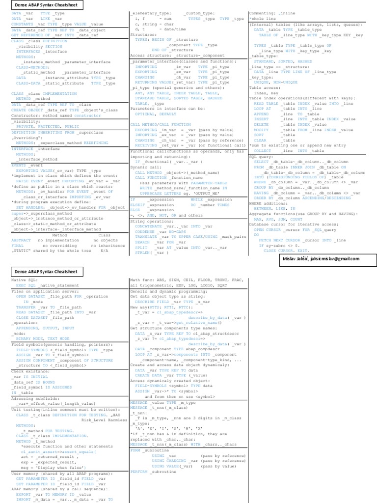 Abap Cheat Sheet Pdf Pdf Method Computer Programming Database Index