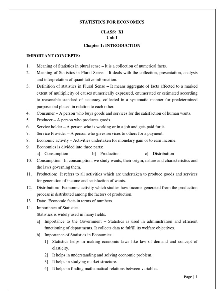 Statistics For Economics Class: Xi Unit I Chapter 1: INTRODUCTION ...