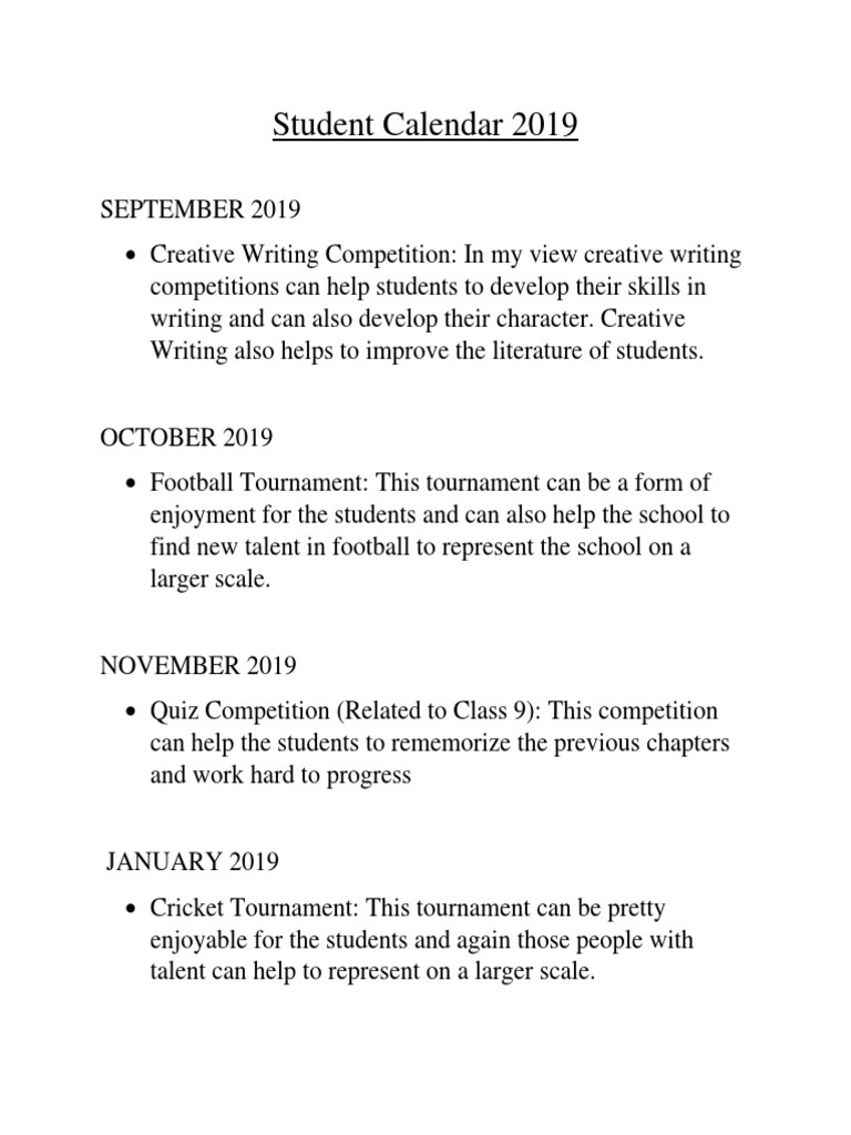 2019 Student Events Calendar | PDF