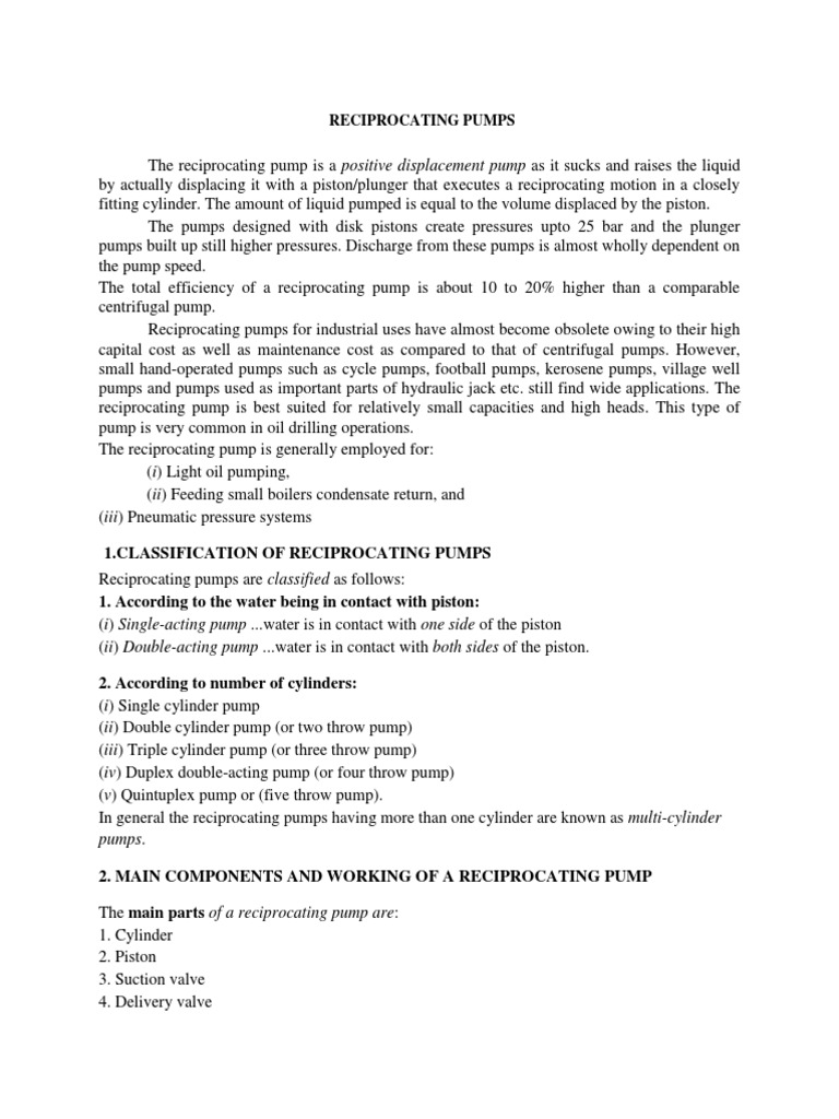 1.classification of Reciprocating Pumps | PDF | Pump | Cylinder (Engine)