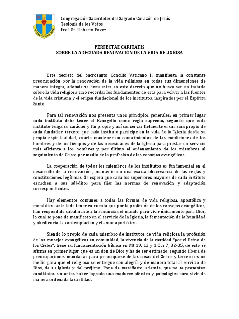 PERFECTAE CARITATIS - Informe de Lectura | PDF | Iglesia Católica ...