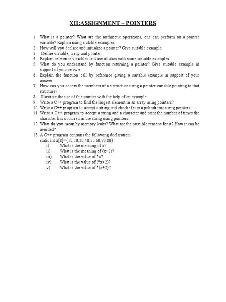 Xiiassignment Pointers Pdf Pointer Computer Programming C
