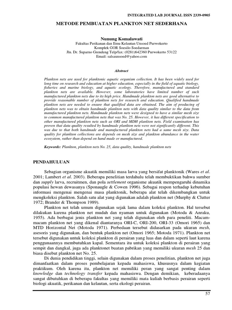 Metode Pembuatan Plankton Net Sederhana: Nunung Komalawati | PDF | Aquatic Organisms | Fishery