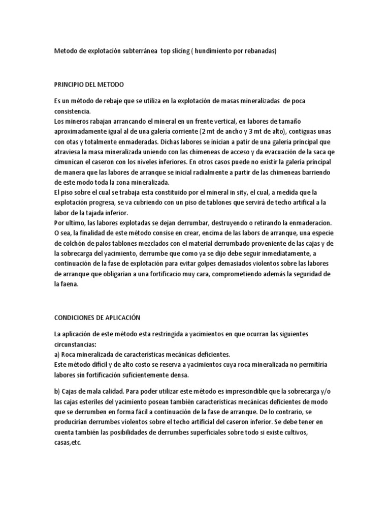 Metodo de Explotación Subterránea Top Slicing | PDF | Minería | Madera