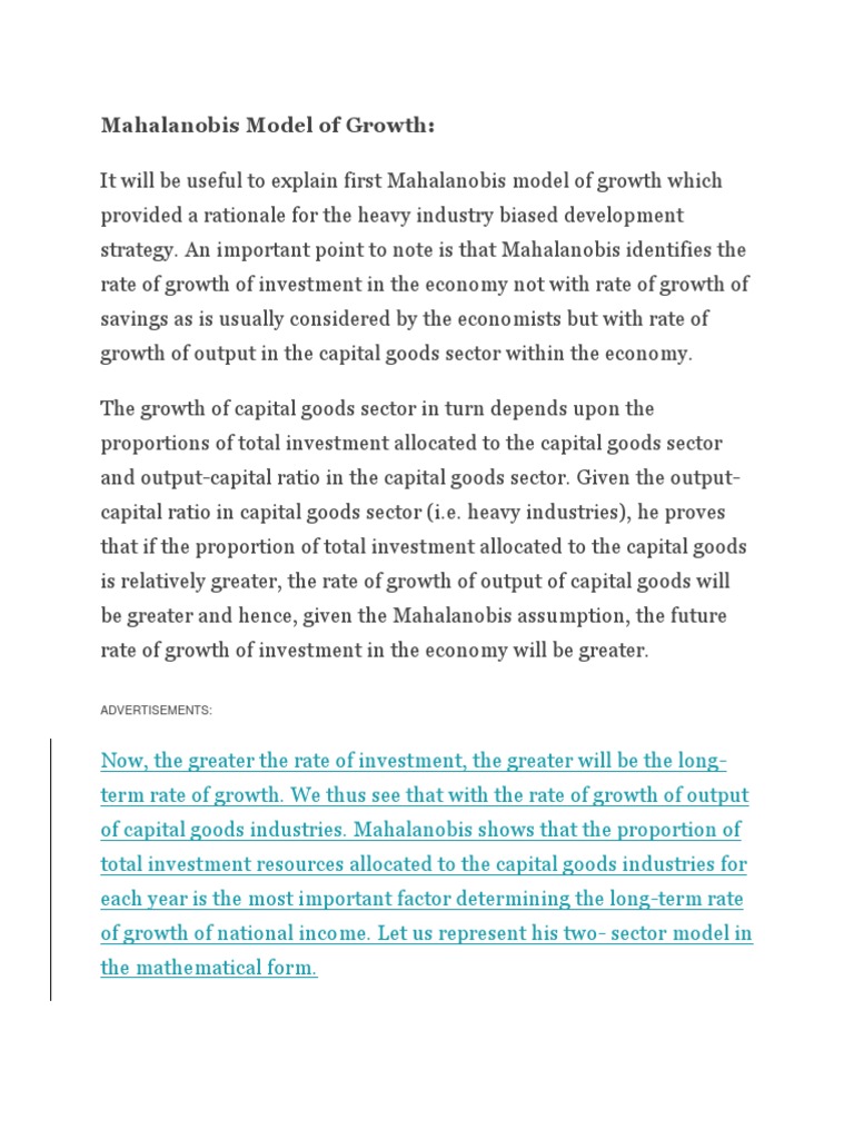 Mahalanobis MOdel of Growth | PDF | Economic Growth | Capital Good