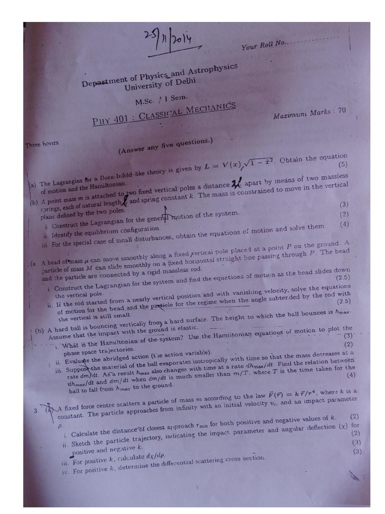 Classical Mechanics 2014 Question Paper DU MSC Physics | PDF