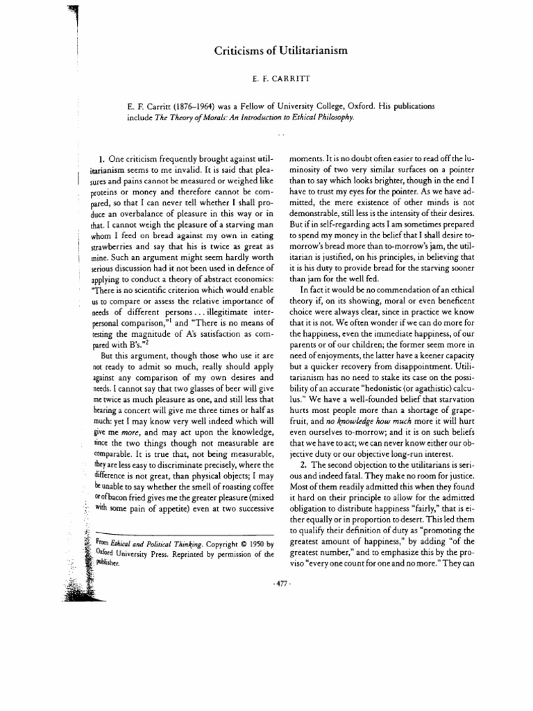 Criticisms of Utilitarianism PDF | PDF