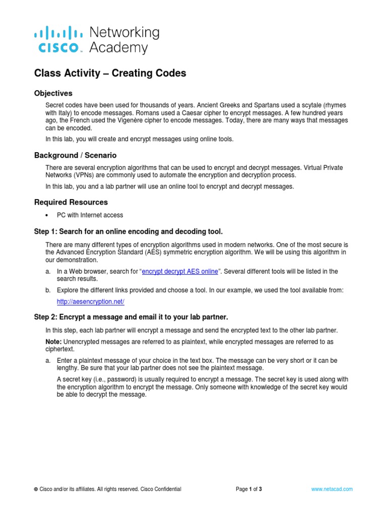9.0.1.2 Class Activity - Creating Codes | PDF | Cryptography | Encryption