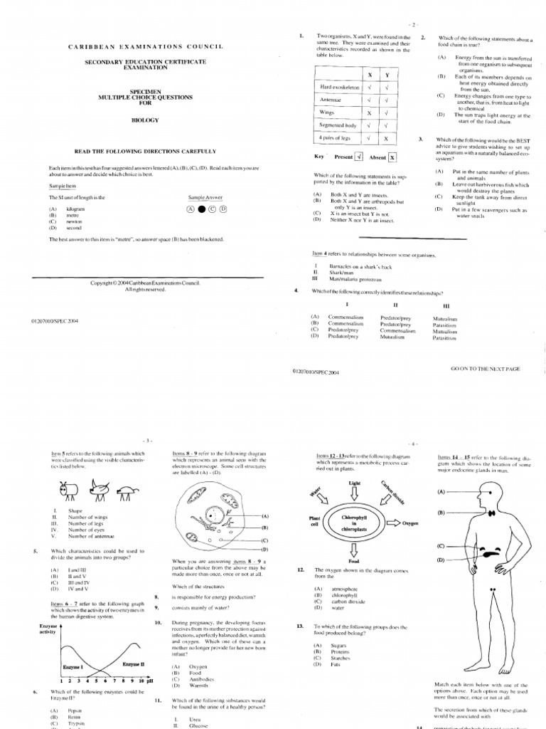CSEC Biology-2004-Paper-1-1994-Q-A-Specimen-Paper-1 PDF | PDF