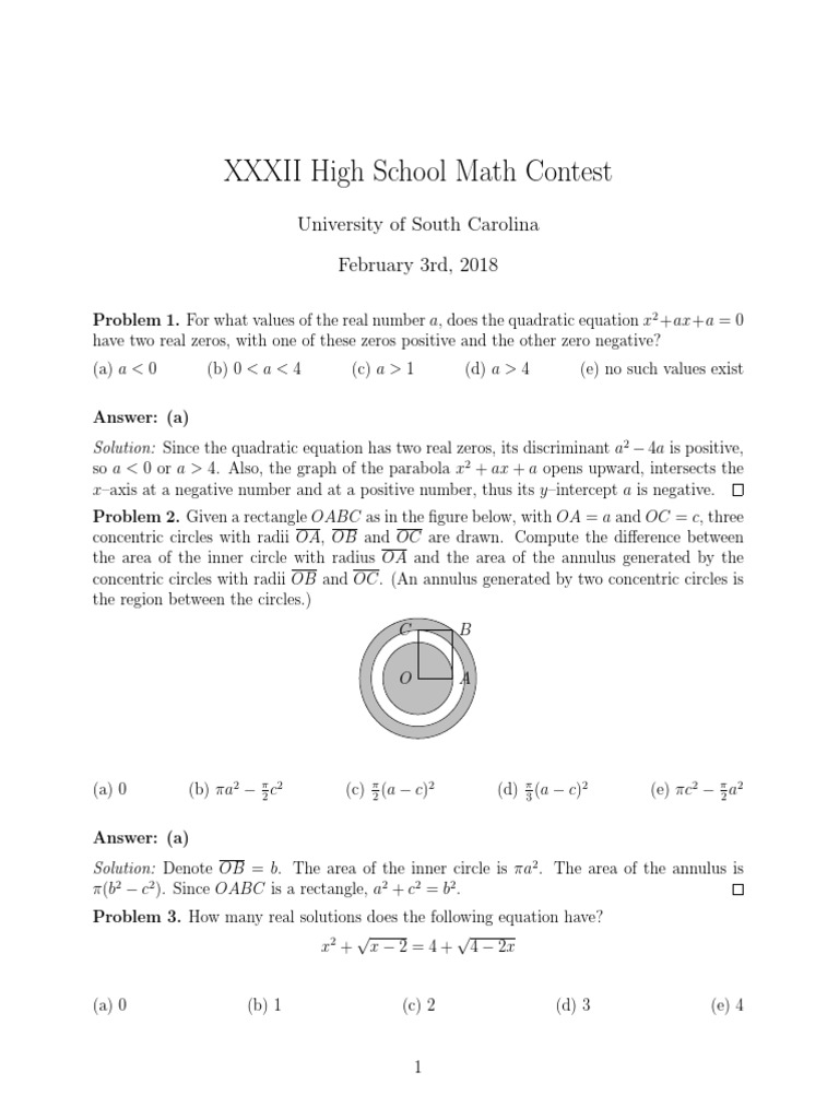 XXXII High School Math Contest: University of South Carolina February ...