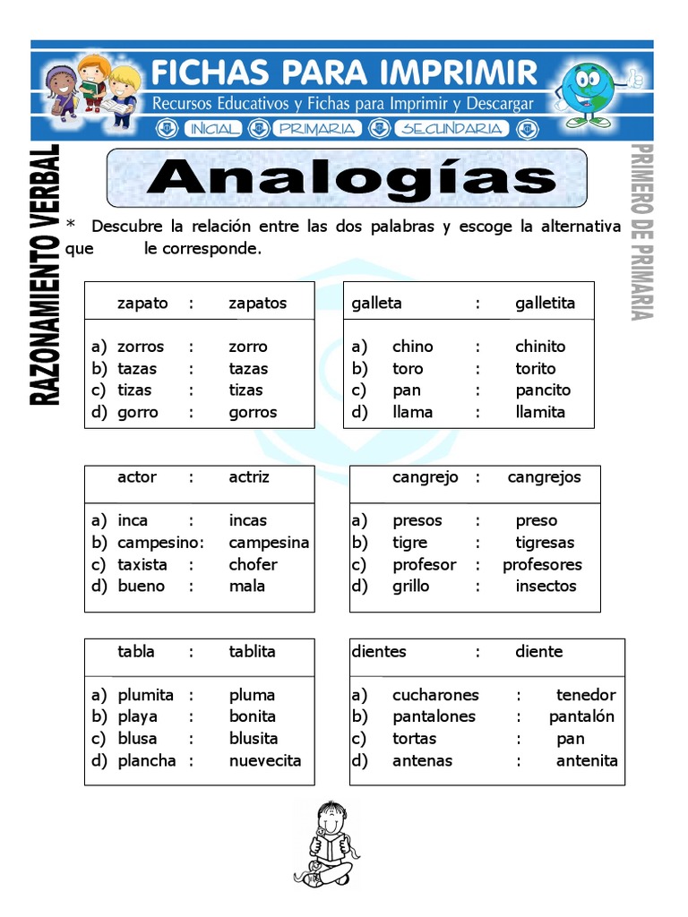 Ficha de Analogías para Primero de Primaria | PDF
