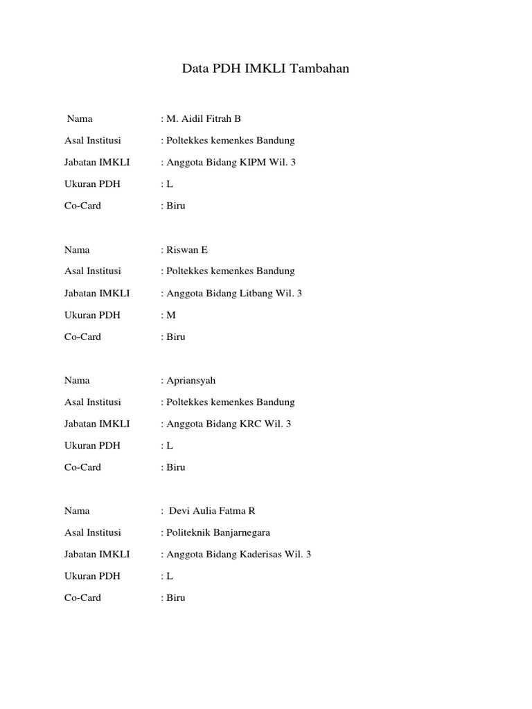 Data PDH IMKLI Tambahan | PDF