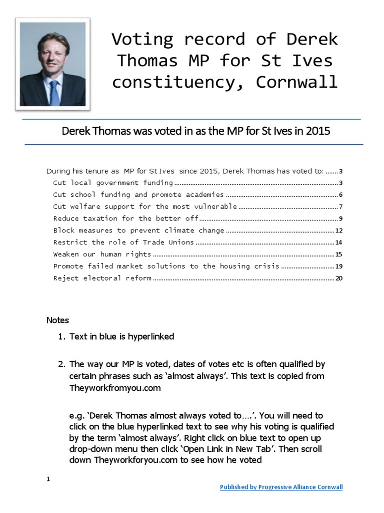 Voting Record of Derek Thomas MP For ST Ives Constituency, Cornwall ...