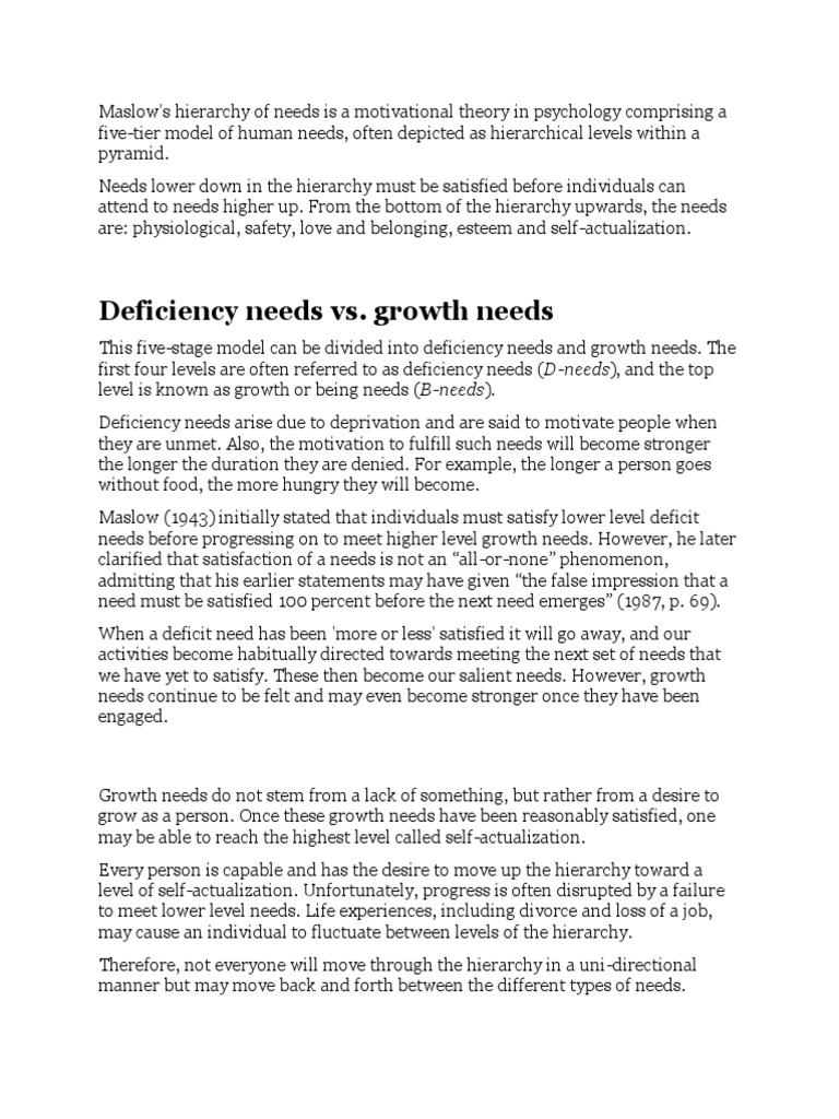 Deficiency Needs vs. Growth Needs | PDF | Self Actualization | Motivation