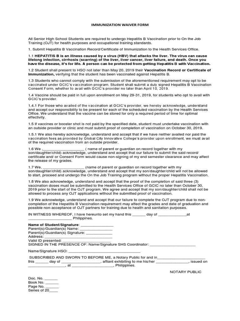 Immunization Waiver Form | PDF | Hepatitis B | Hepatitis