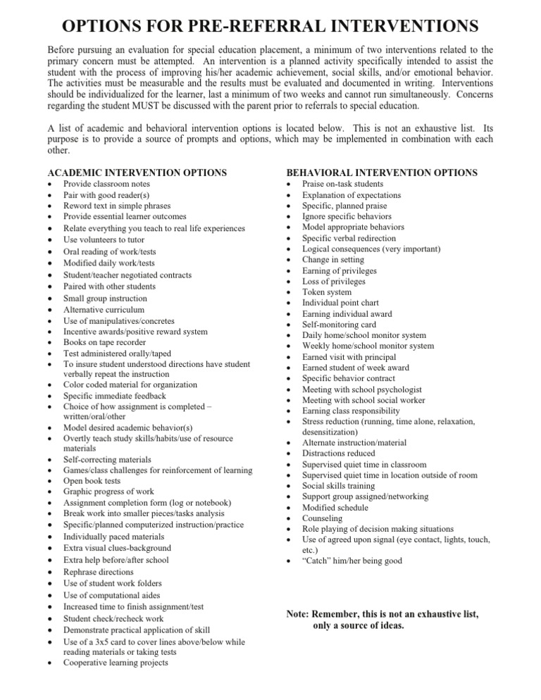 Options for Pre-Referral Interventions | Special Education | Classroom
