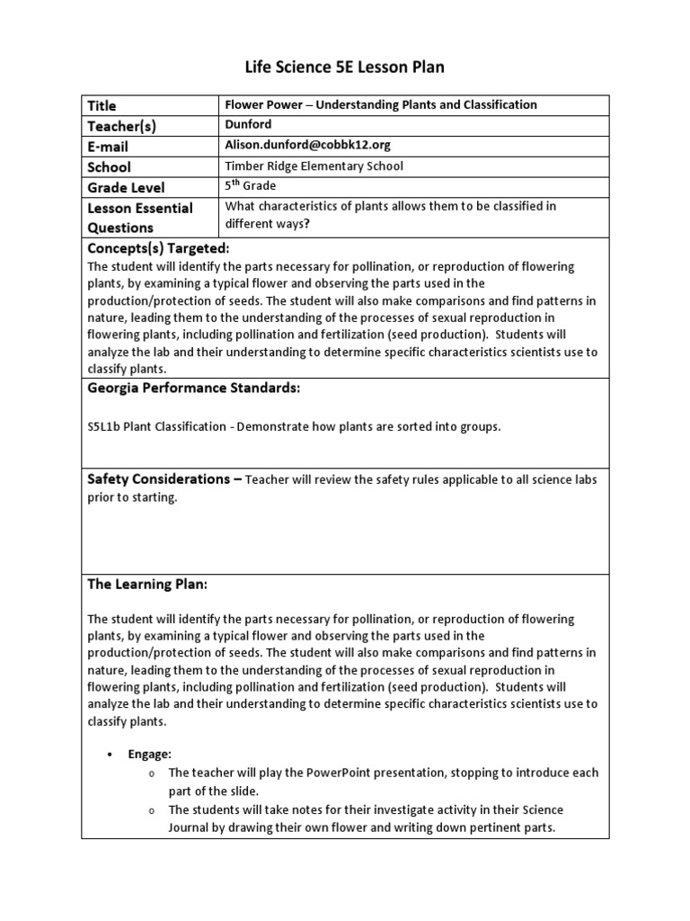 Life Science 5E Lesson Plan: Title Teacher(s) E-Mail School Grade Level ...