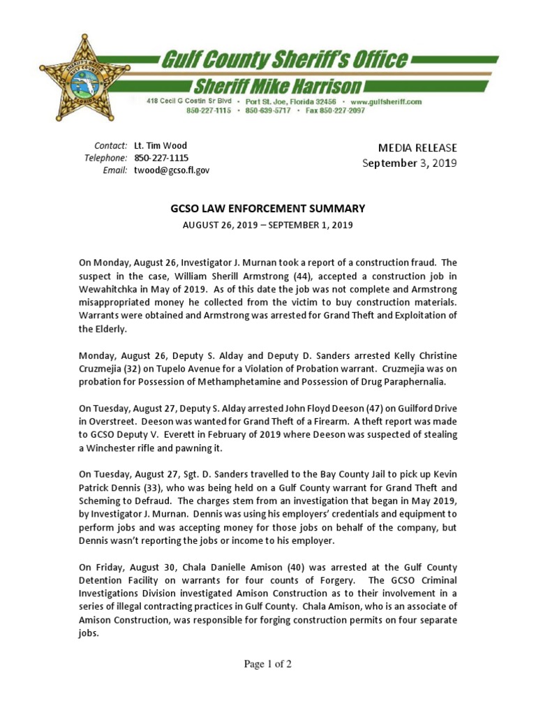 Gcso Law Enforcement Summary: Media Release September 3, 2019 | PDF ...