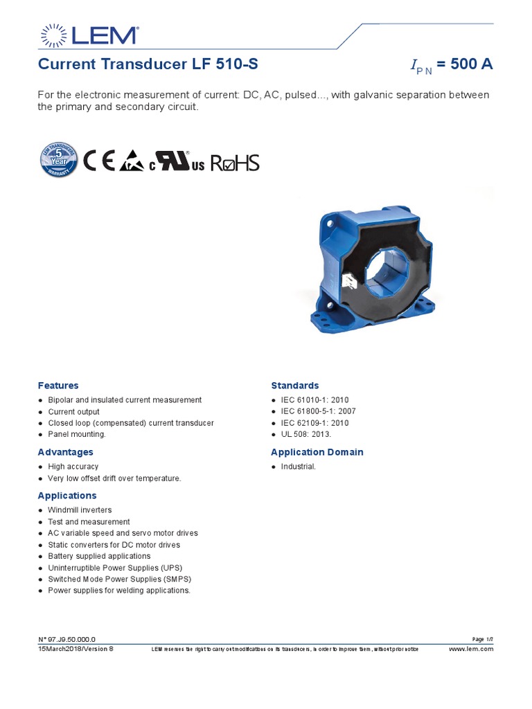 Current Transducer LF 510-S 500 A | PDF | Power Supply | Insulator ...
