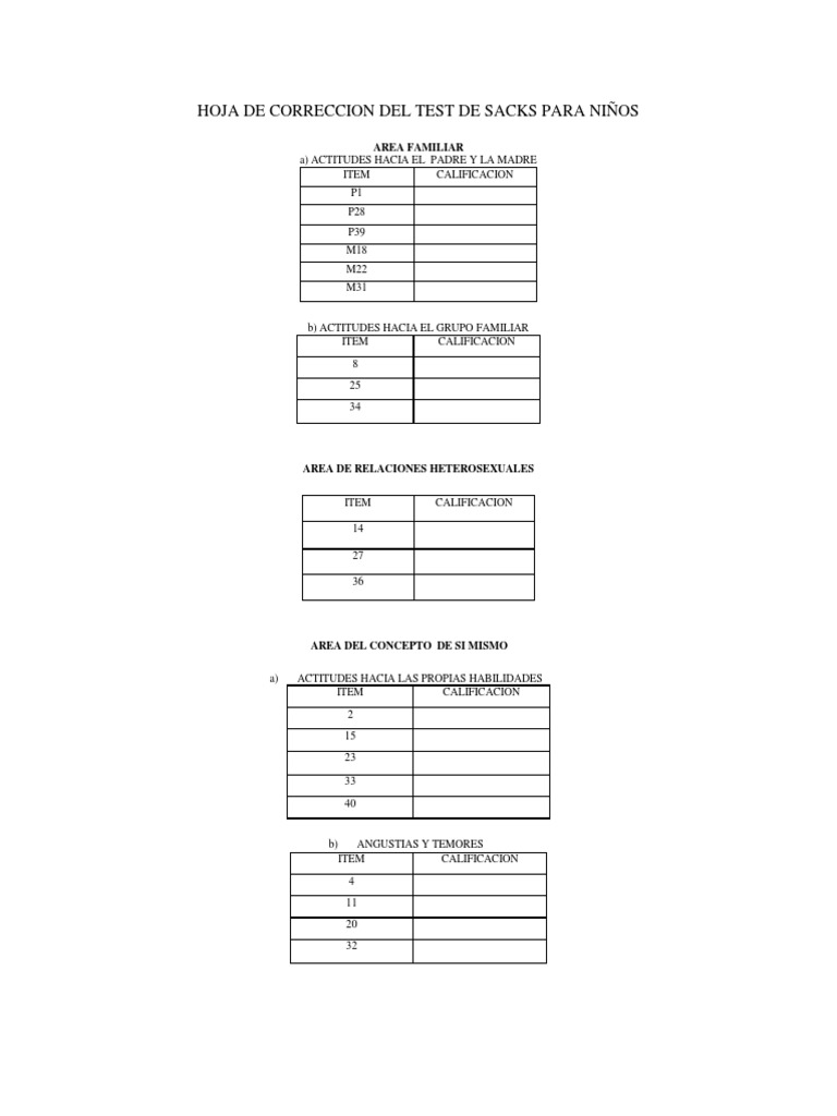 Hoja de Correccion Del Test de Sacks para Niños | PDF