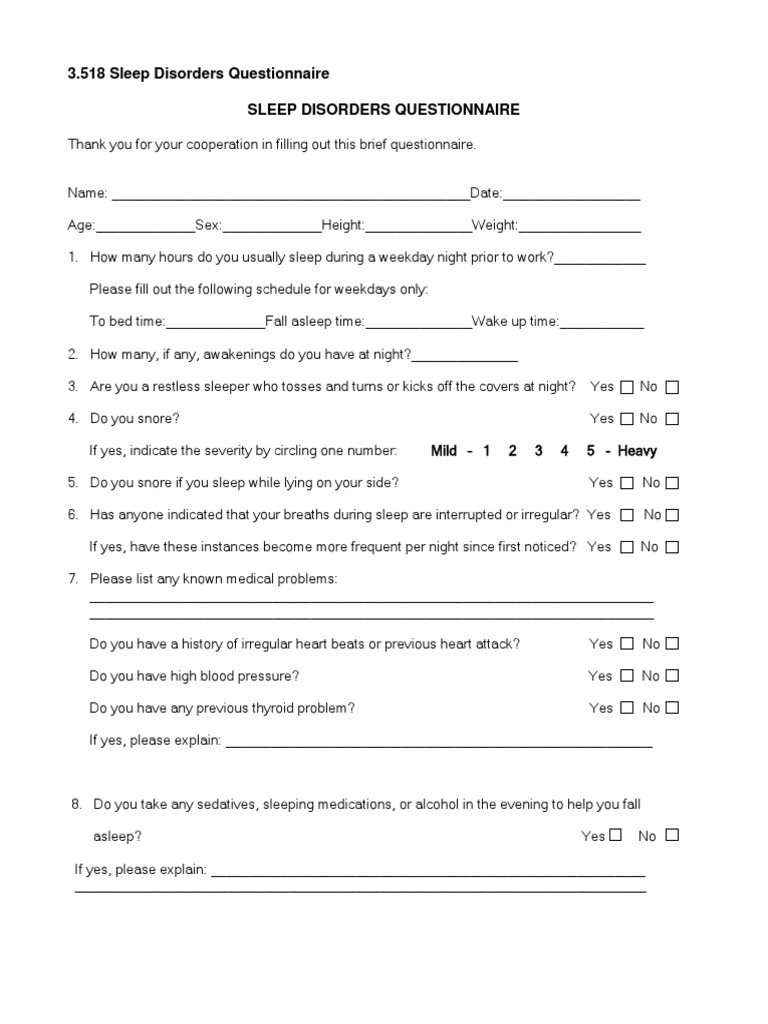 3.518 Sleep Disorders Questionnaire Sleep Disorders Questionnaire | PDF ...