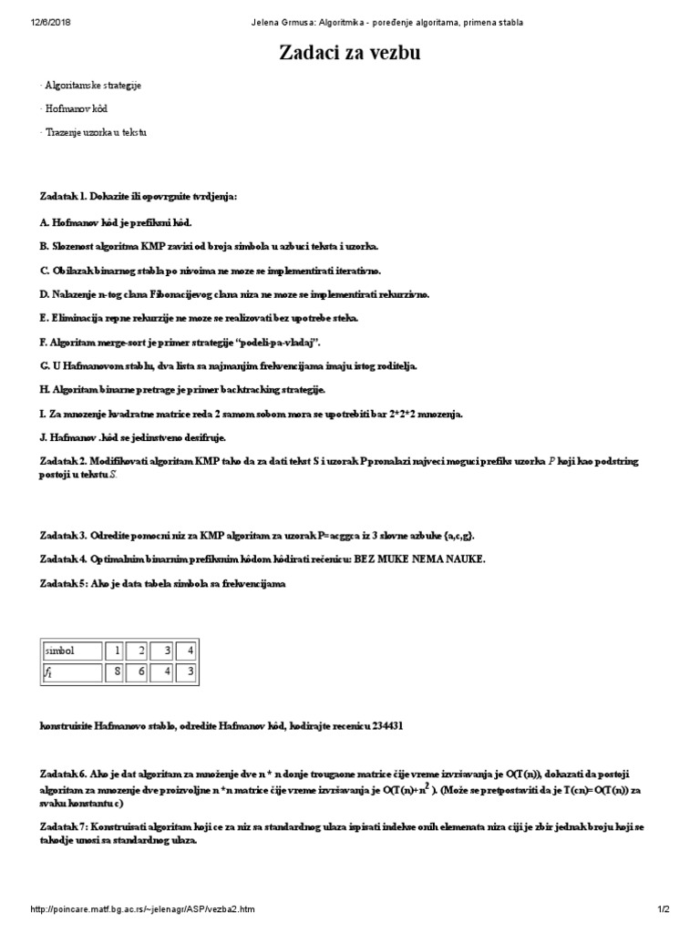 Jelena Grmusa - Algoritmika - Poređenje Algoritama, Primena Stabla1 | PDF