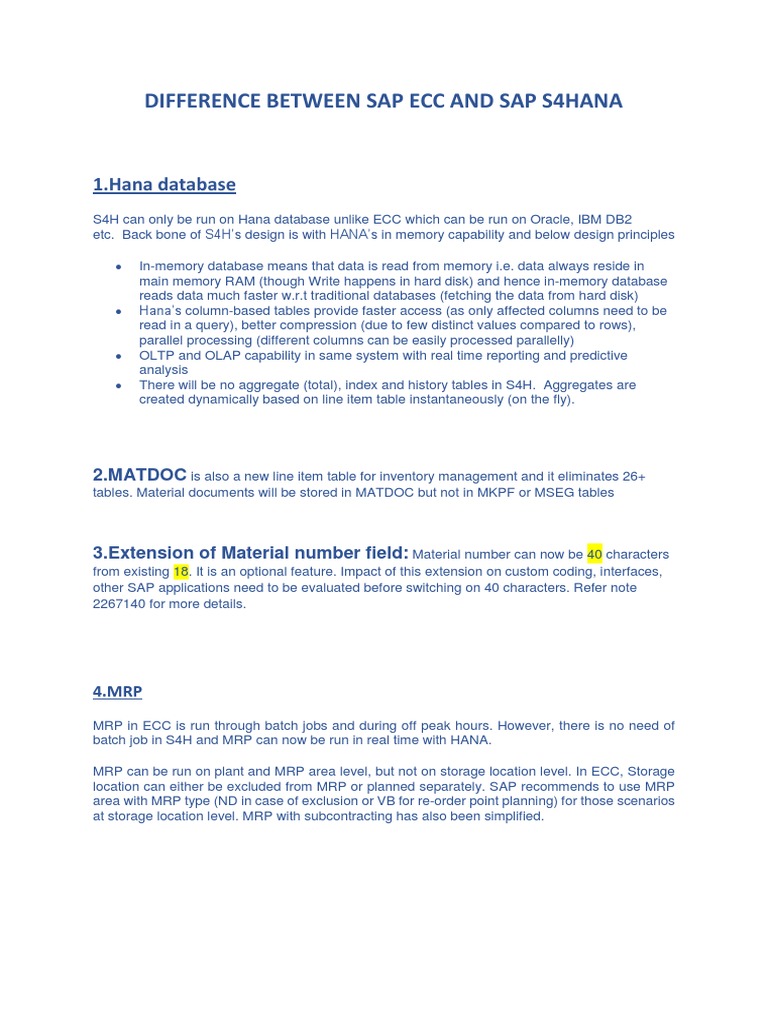 Difference Between Sap Ecc and Sap S4hana | PDF | Databases | Data ...
