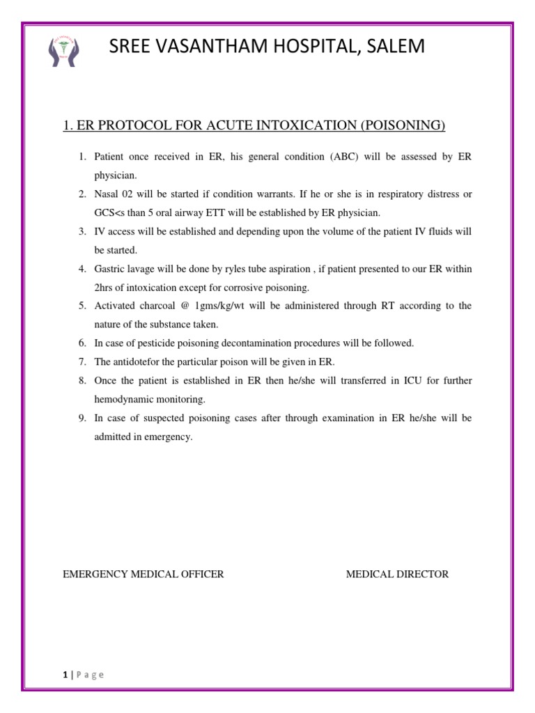 Sree Vasantham Hospital, Salem: 1. Er Protocol For Acute Intoxication ...