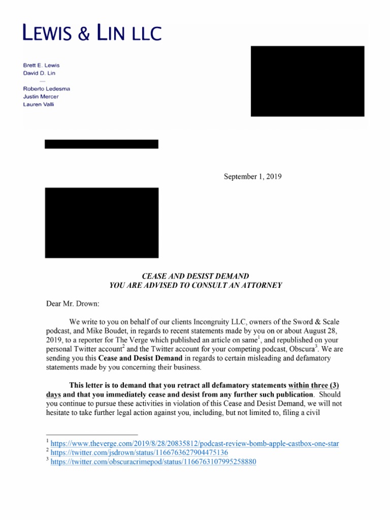 Mike Boudet C&D Letter To Justin Drown | PDF | Podcasting | Digital Audio