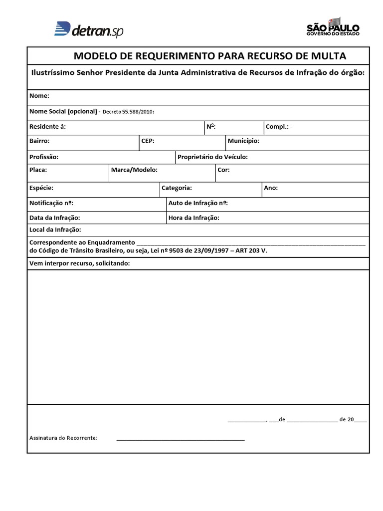 Modelo Requerimento para Recurso de Multa | PDF