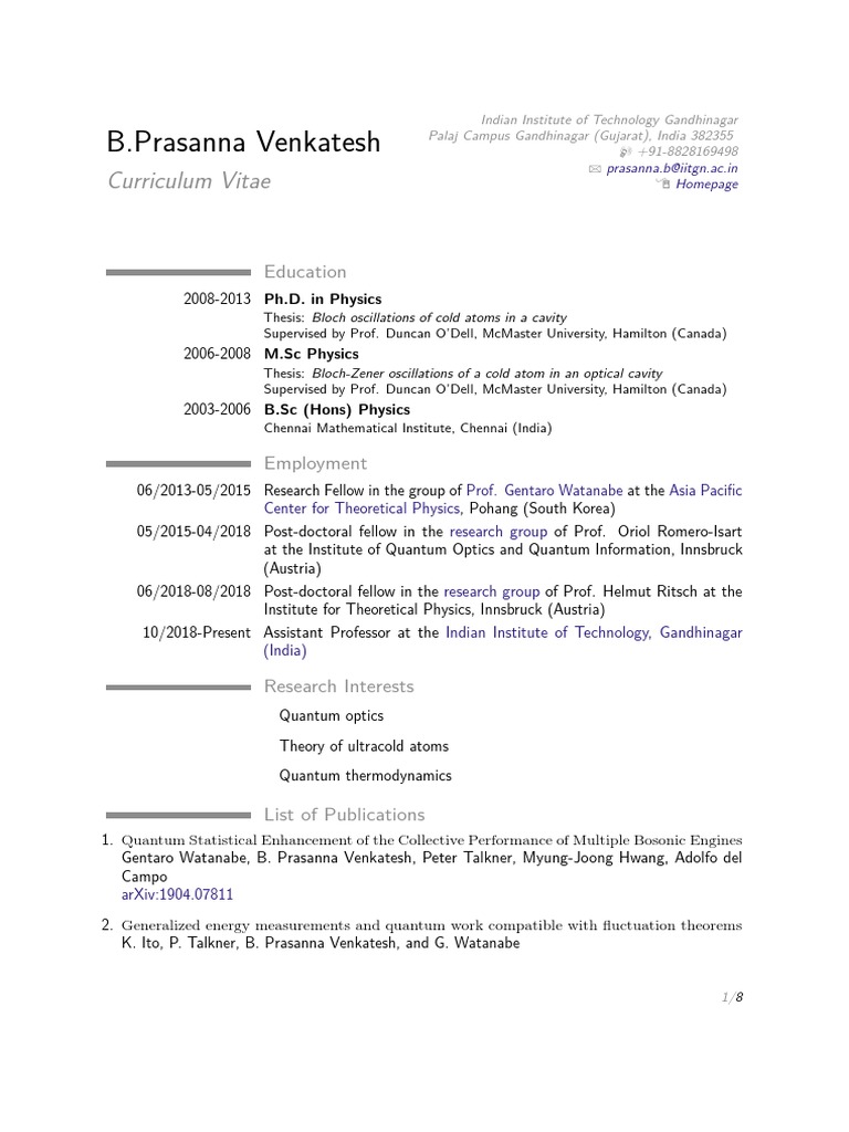 B.Prasanna Venkatesh: Curriculum Vitae | Download Free PDF | Physics ...