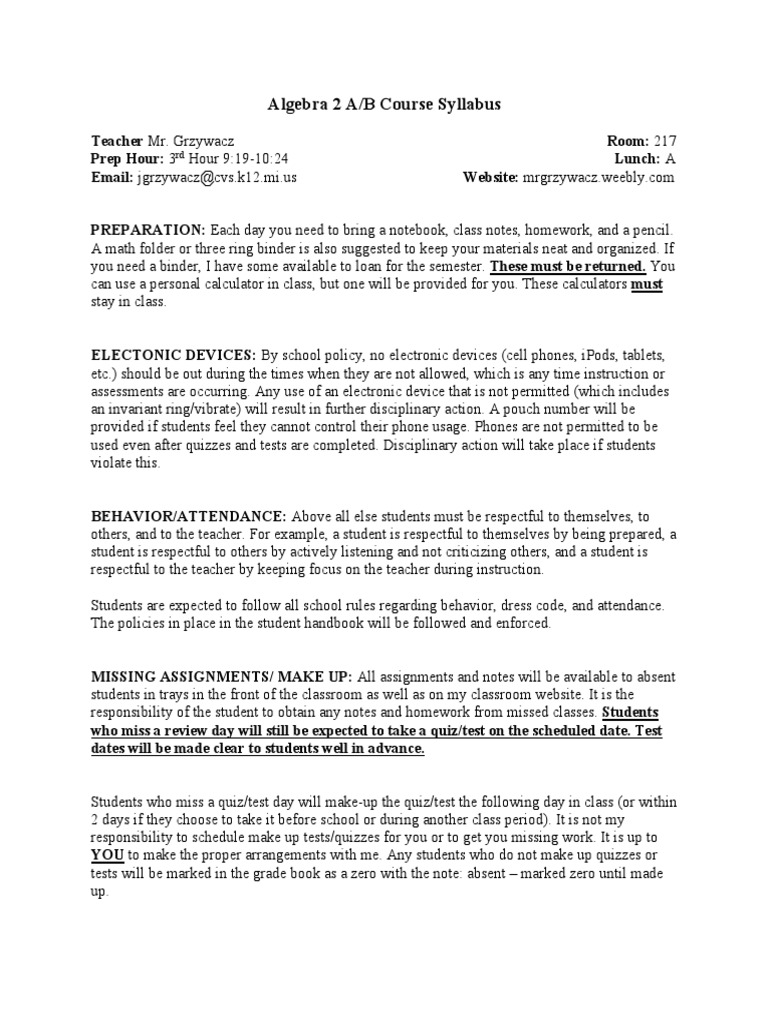 Algebra 2 Course Syllabus Guide | PDF | Quiz | Homework