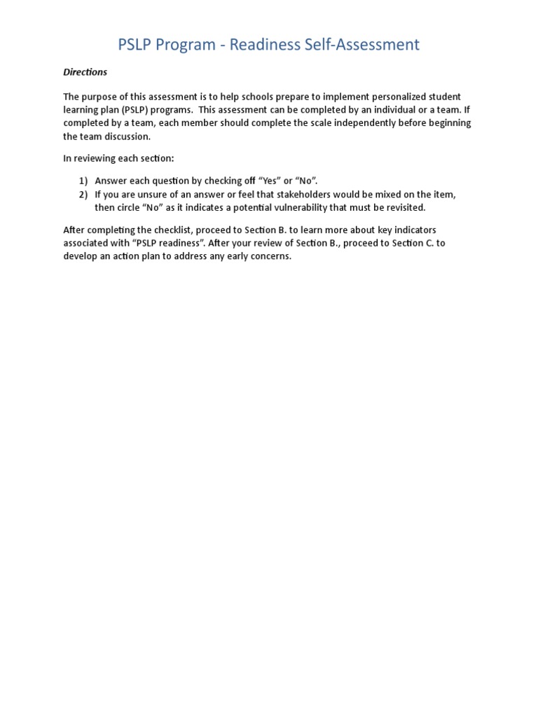 PSLP Program - Readiness Self-Assessment: Directions | PDF | Mentorship ...