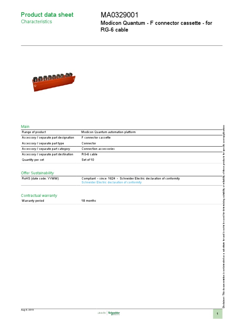 Product Data Sheet: Modicon Quantum - F Connector Cassette - For RG-6 ...