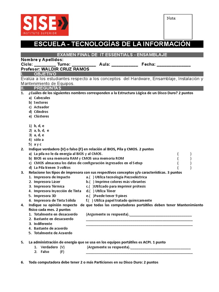 Examen Final de It Essentials - Ensamblaje - Abril 2018 | PDF ...