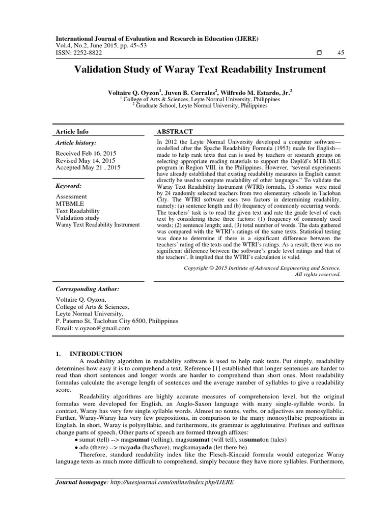 Validation Study of Waray Text Readability Instrument | PDF | Student's ...