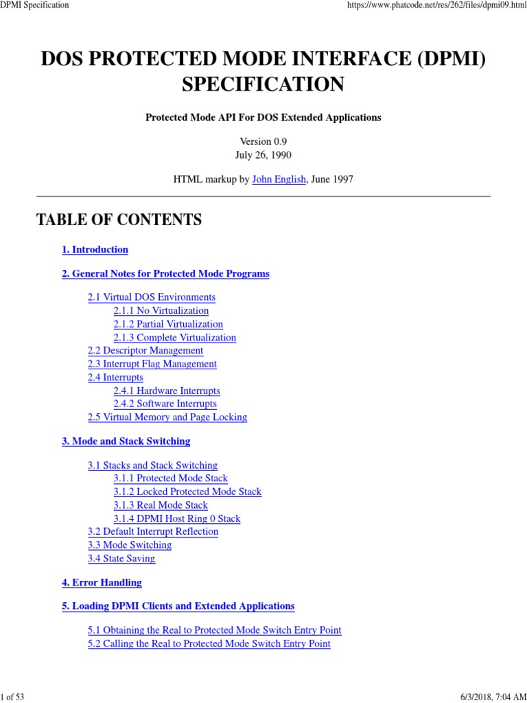 DPMI 0.9 Specification | PDF | Operating System | Dos