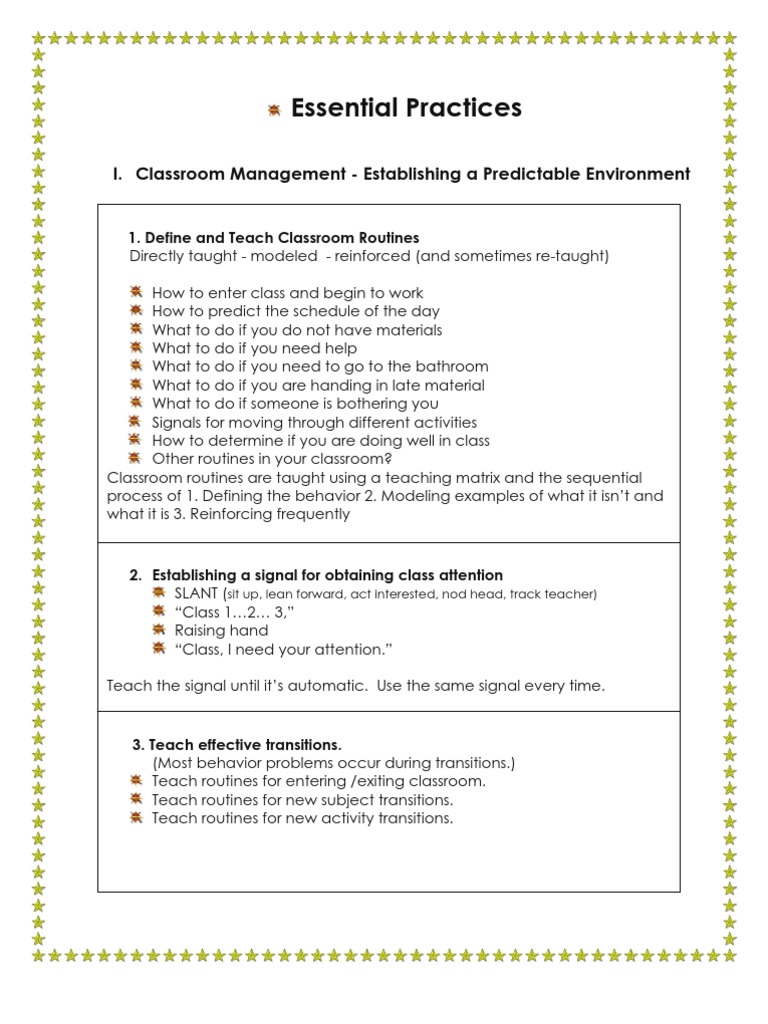 Essential Practices: I. Classroom Management - Establishing A ...