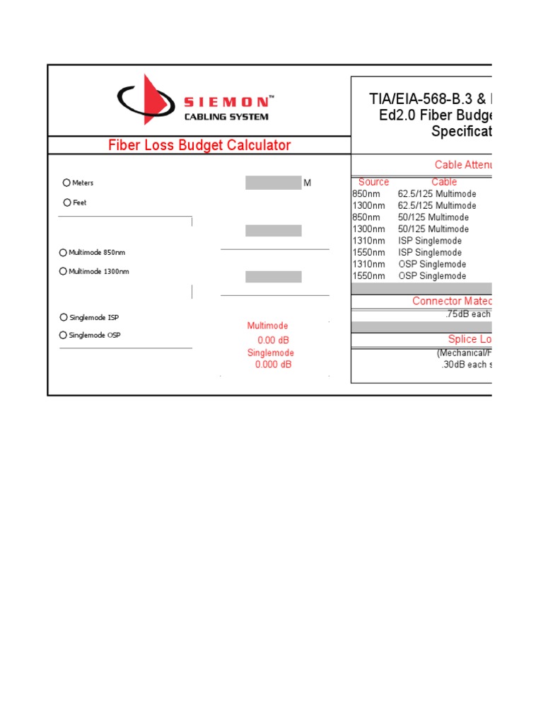 S.. S F. C MC M: Fiber Loss Budget Calculator | PDF | Decibel | Optical ...